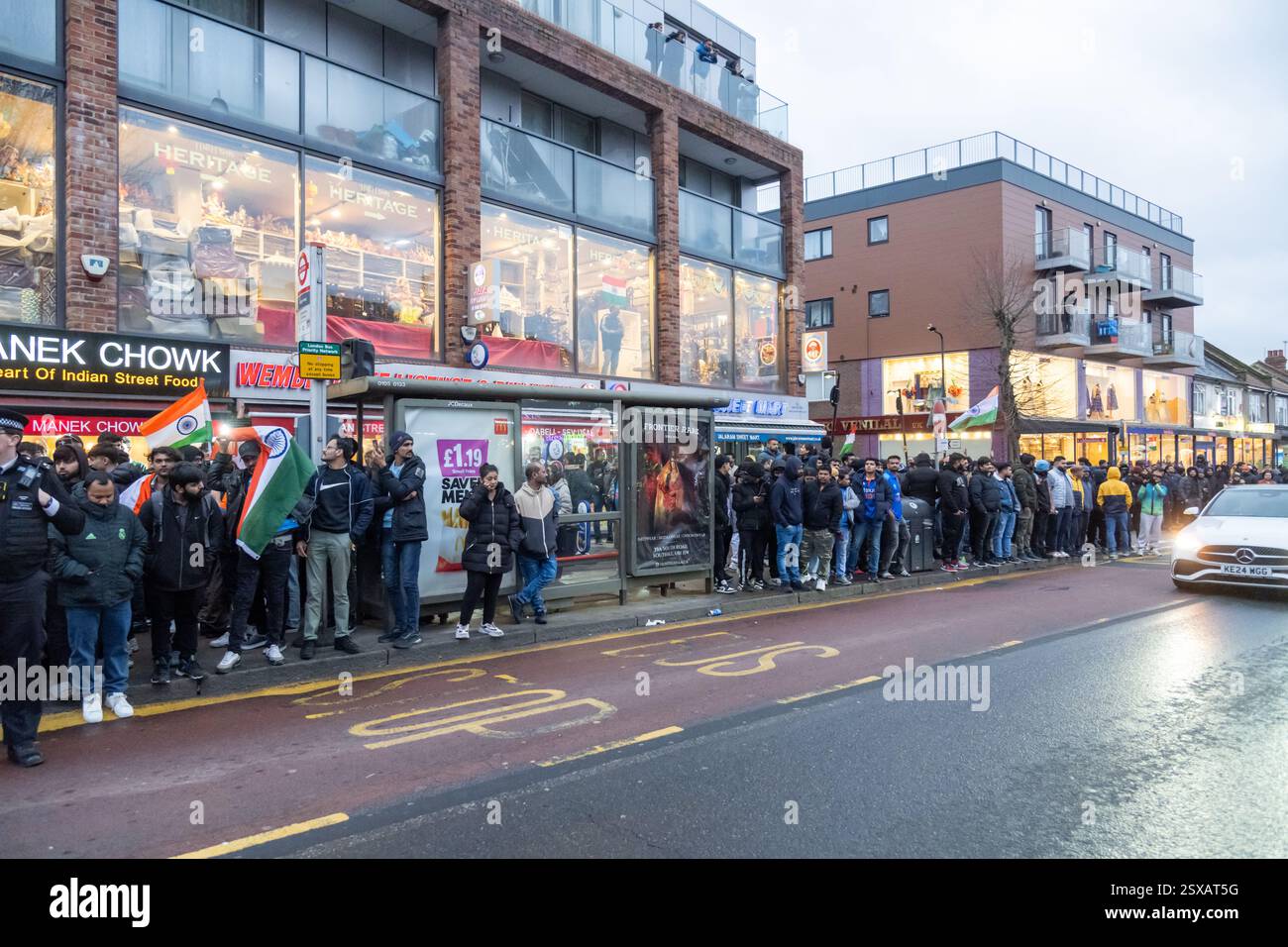 London, UK. 23//02//2025. London, UK Indian cricket fans on Ealing Road ...
