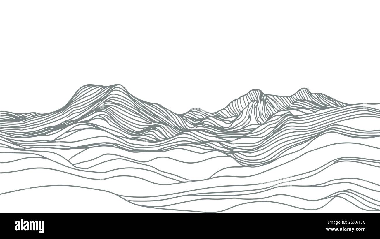 Abstract mountain landscape illustration. Wavy contour lines create depth and texture. Nature ...