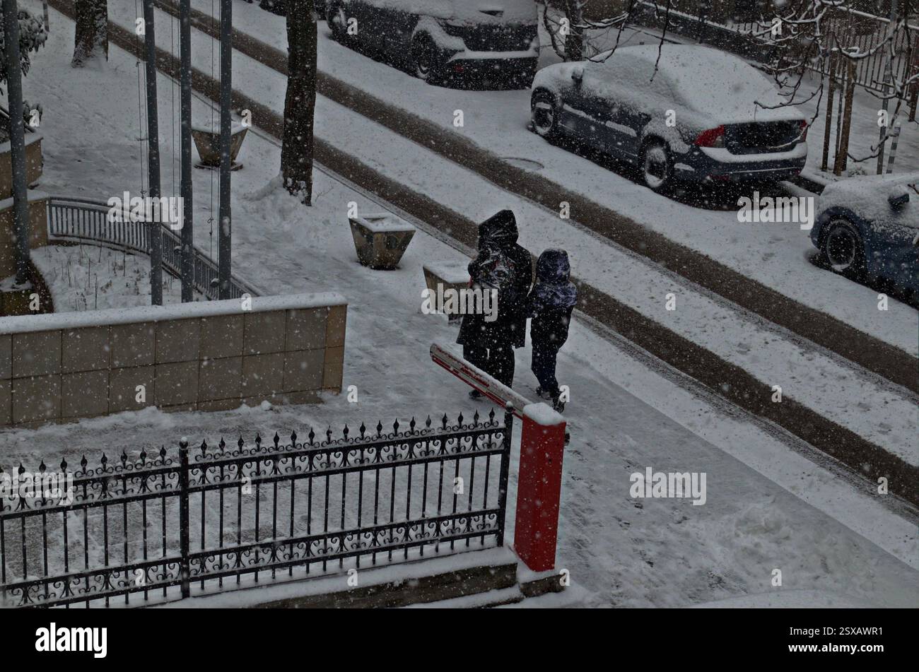 Moment of storm with strong wind and heavy snowfall on the street, a ...