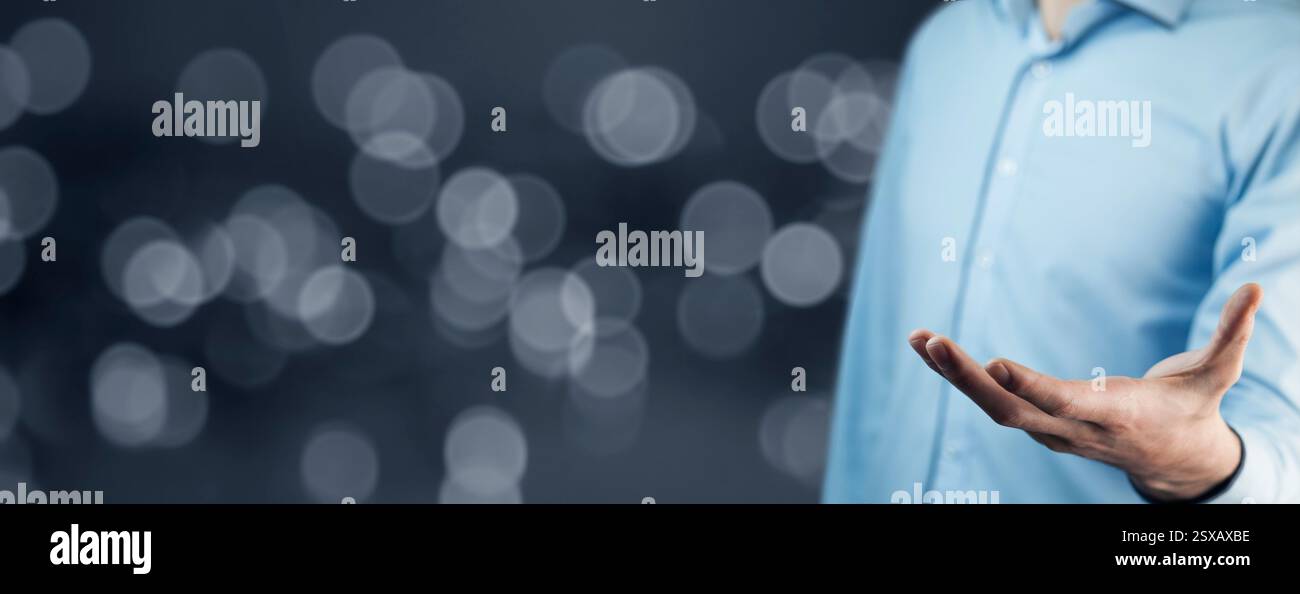 Business man hand in screen in the blue background Stock Photo - Alamy