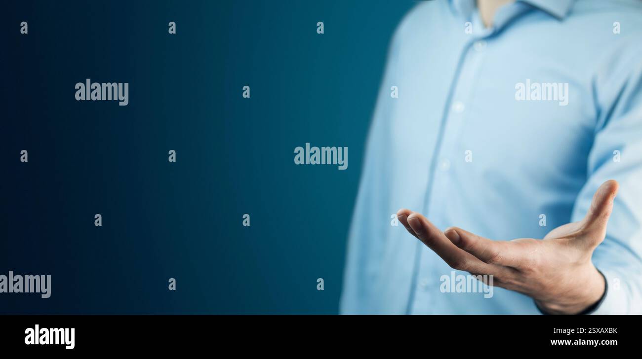 Business man hand in screen in the blue background Stock Photo - Alamy