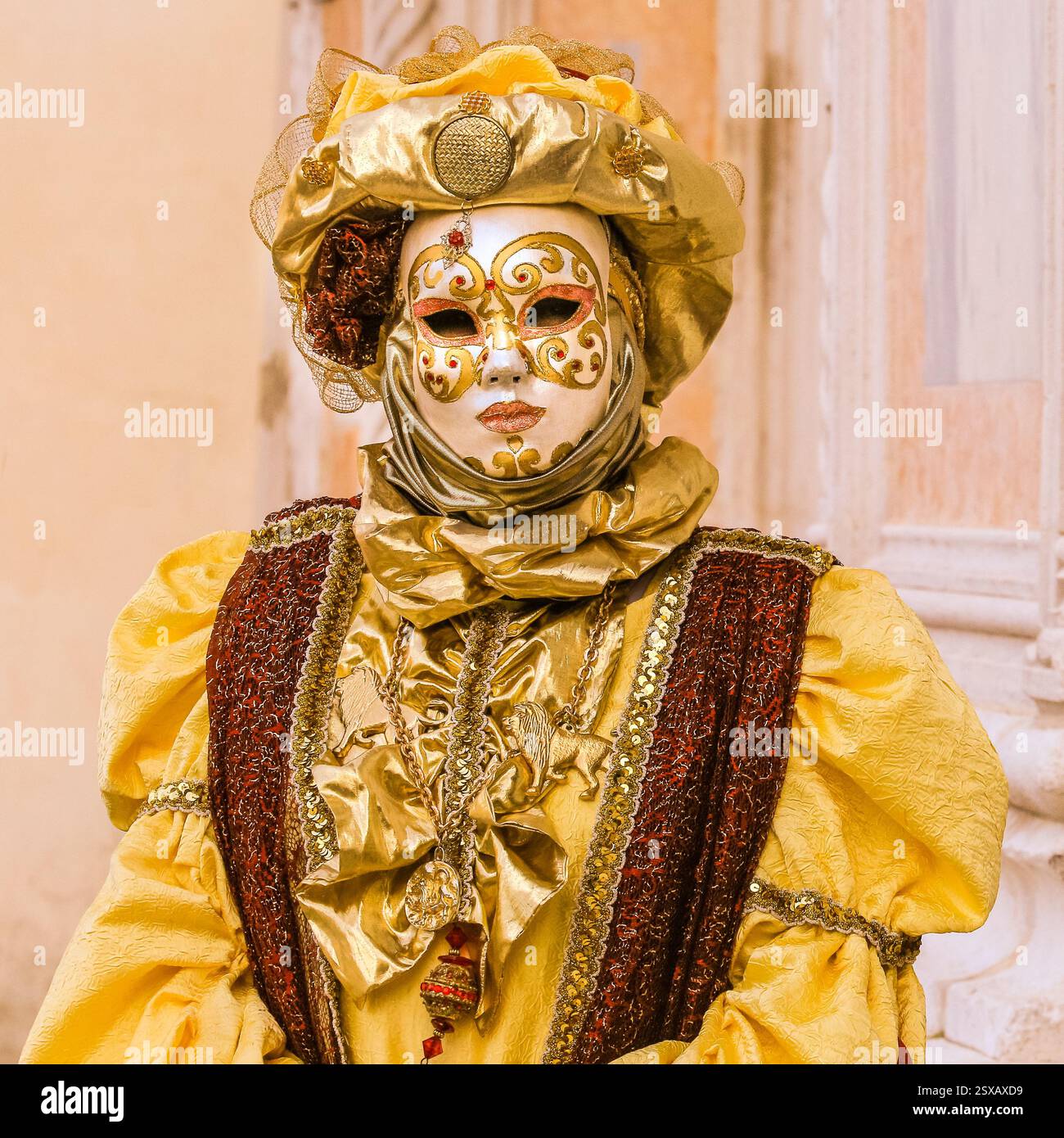 Venice carnival, costumed participant in colourful historic venetian ...