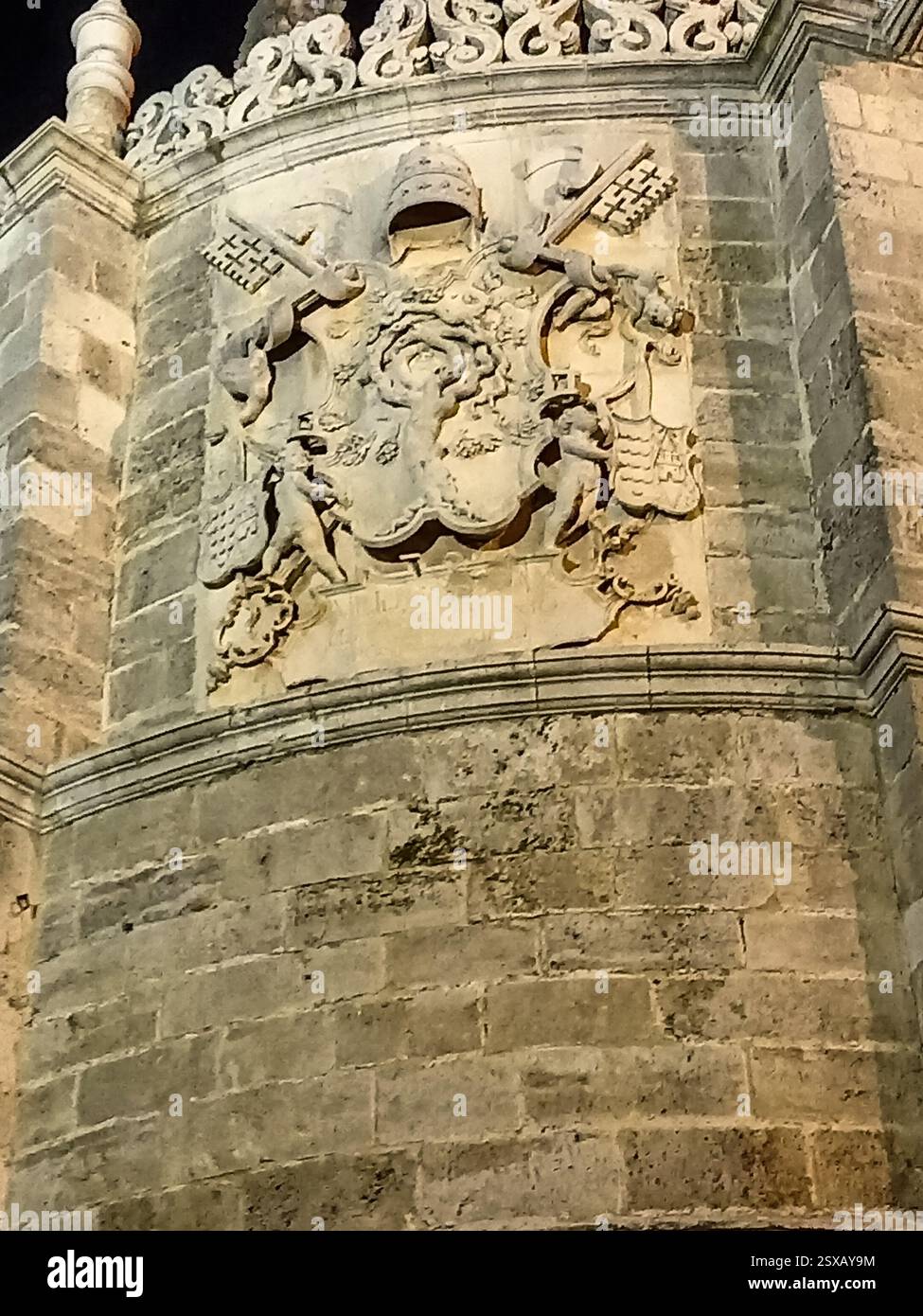 Close-up of a detailed stone coat of arms on Burgo de Osma Cathedral ...