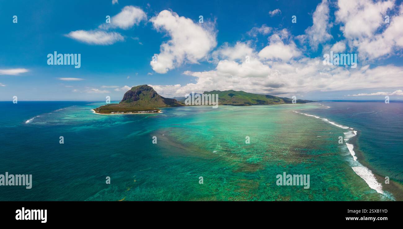 Aerial view of Mauritius island and Le Morne Brabant mountain with ...
