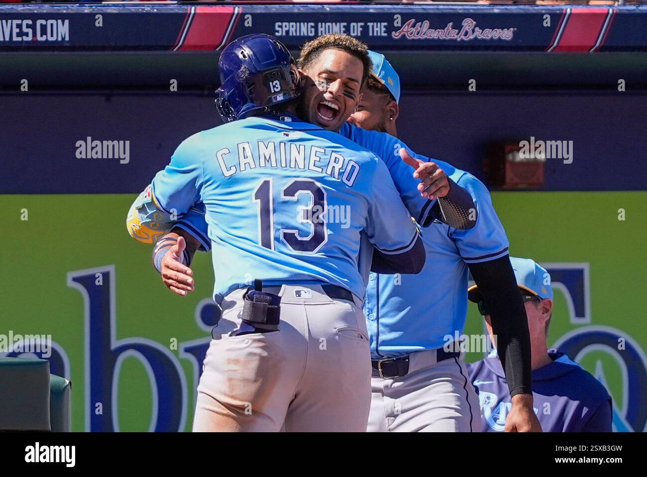 Tampa Bay Rays Junior Caminero is greeted by Christopher Morel as he ...