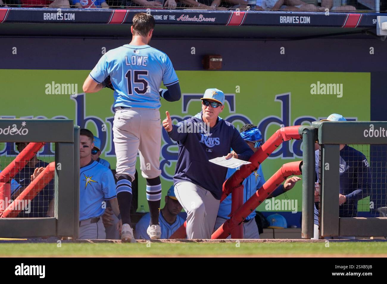 Tampa Bay Rays Josh Lowe (15) is greeted after scoring a run in the ...