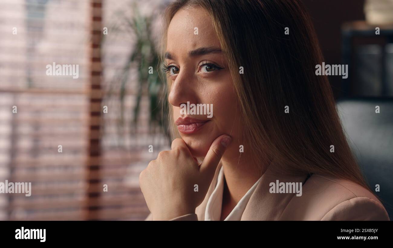 Close up pensive doubtful Caucasian girl employer business woman female ...