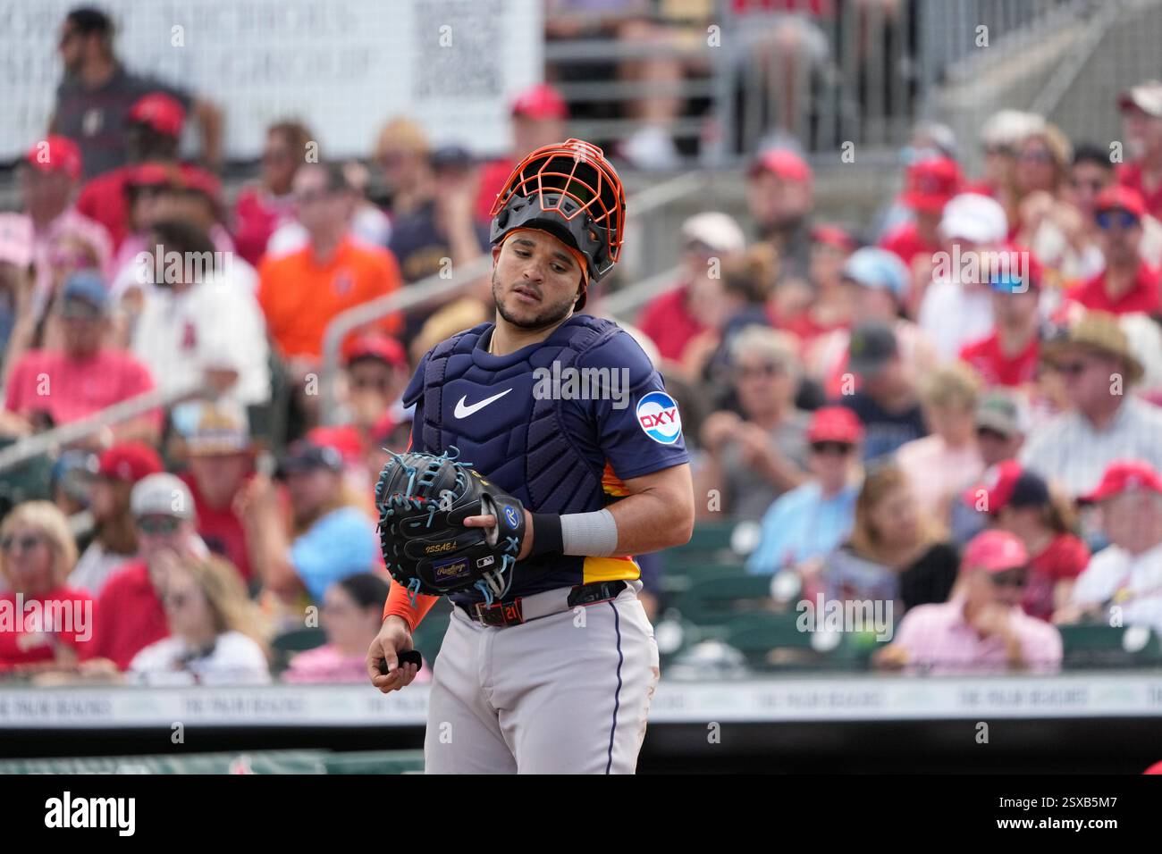 Houston Astros catcher Yainer Diaz pauses during the fourth inning of a ...