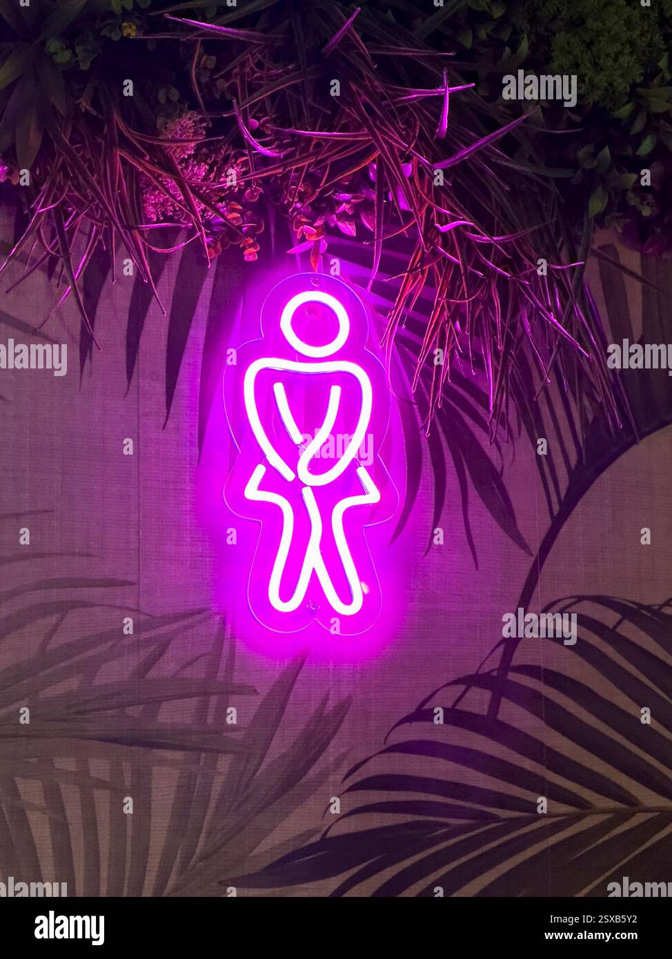 Bright neon pink female restroom sign glowing on a tropical themed wall ...