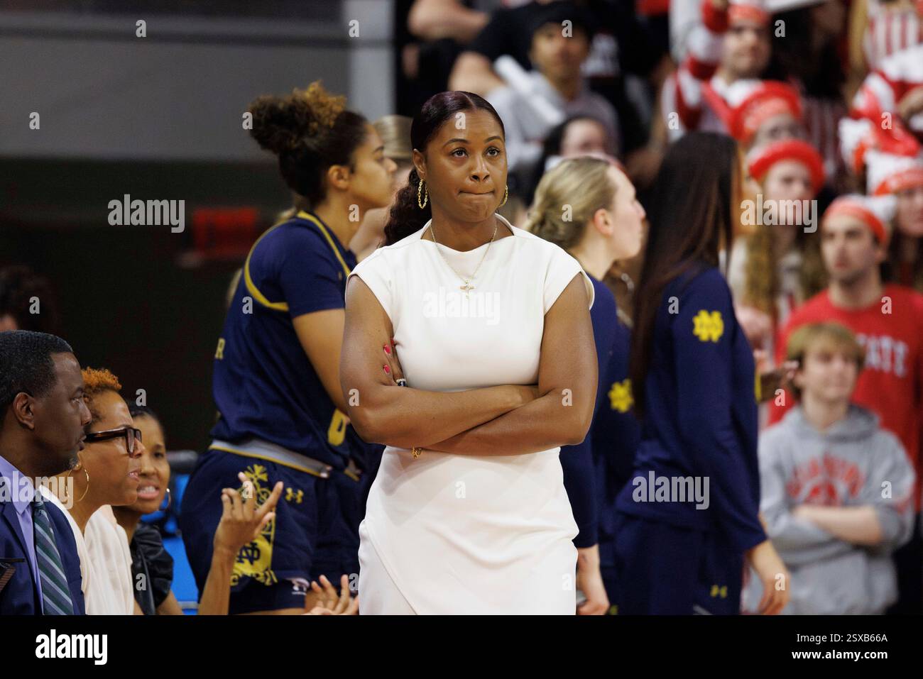 Notre Dame head coach Niele Ivey, center, looks on during the second half of an NCAA college ...
