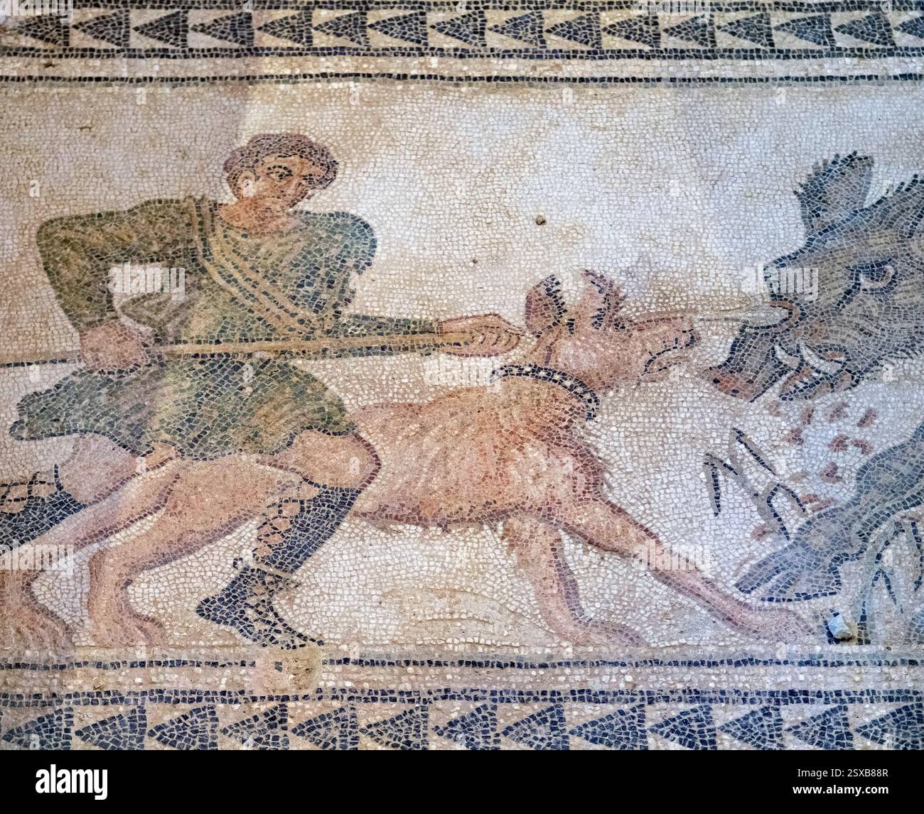 Roman mosaic depicting a man and dog hunting a wild boar in the Villa ...