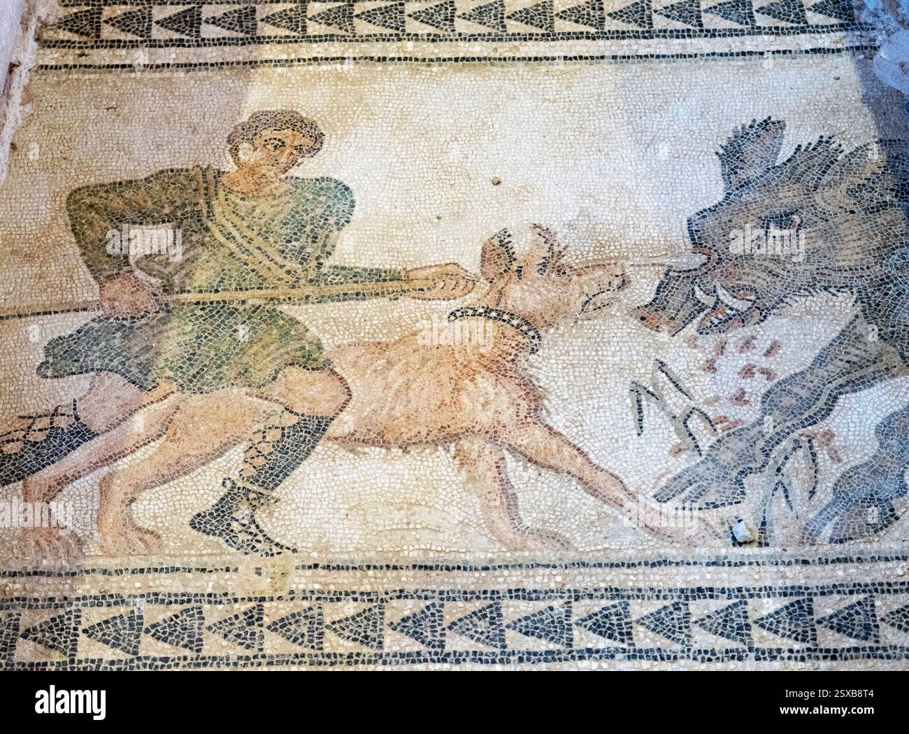 Roman mosaic depicting a man and dog hunting a wild boar in the Villa ...