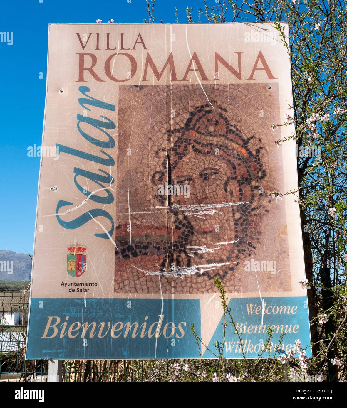 The visitors sign outside the Villa Romana Salar, Granada Province ...