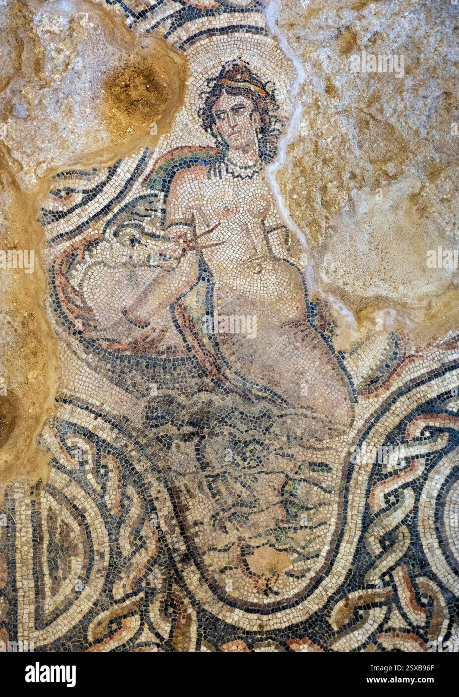 Roman mosaic depicting the figure of the Nereid riding a sea monster in ...