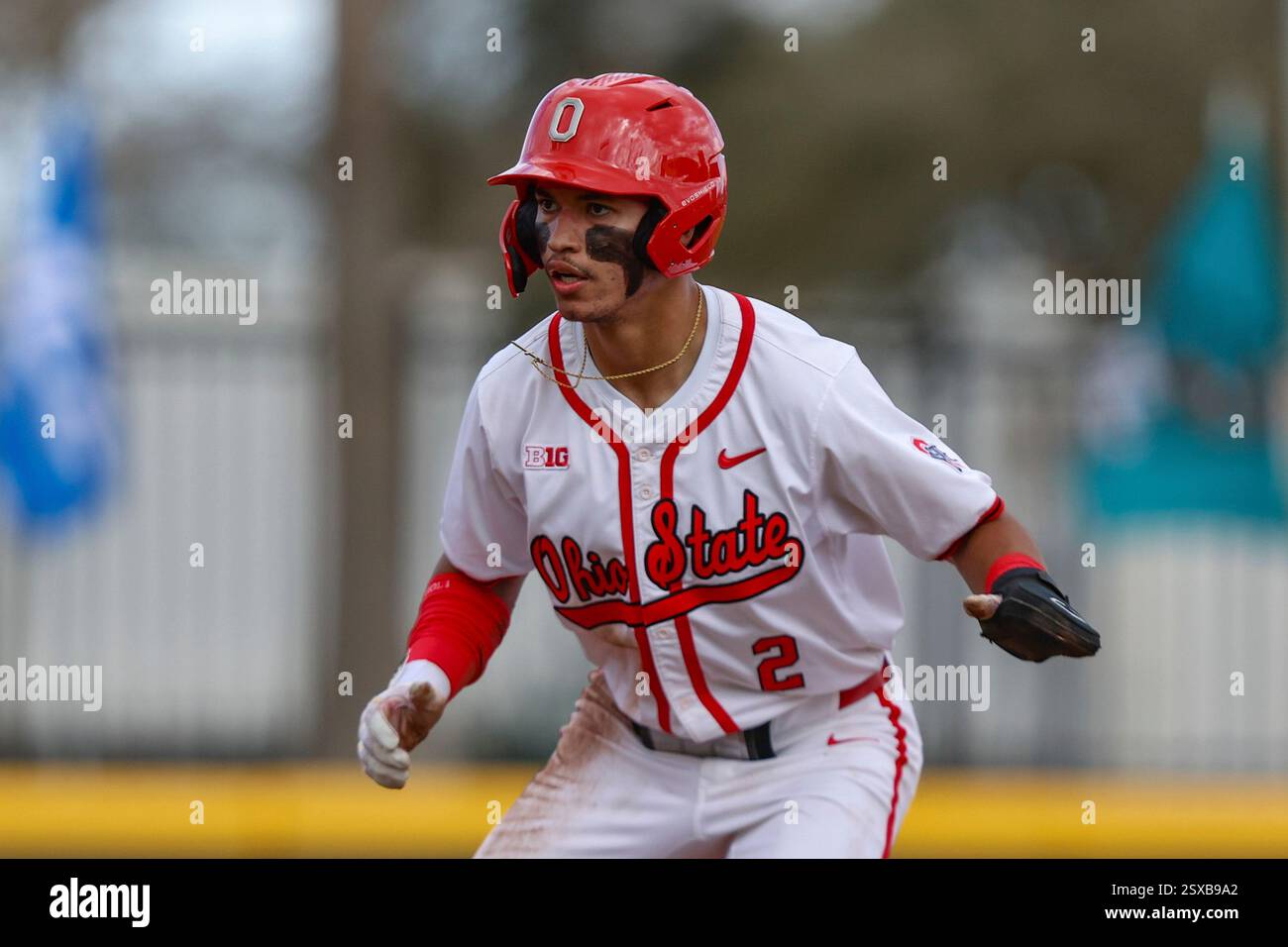 Ohio State outfielder Trey Lipsey (2) leads off during an NCAA baseball ...