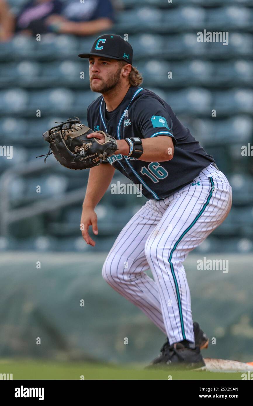Coastal Carolina first baseman Colby Thorndyke (16) in action during an NCAA baseball game ...
