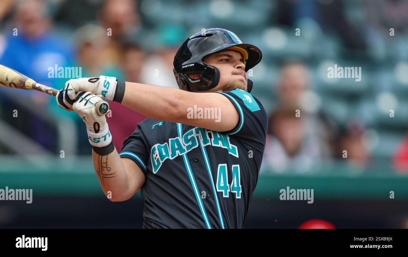 Coastal Carolina first baseman Kaleb Huffman (44) bats during an NCAA ...