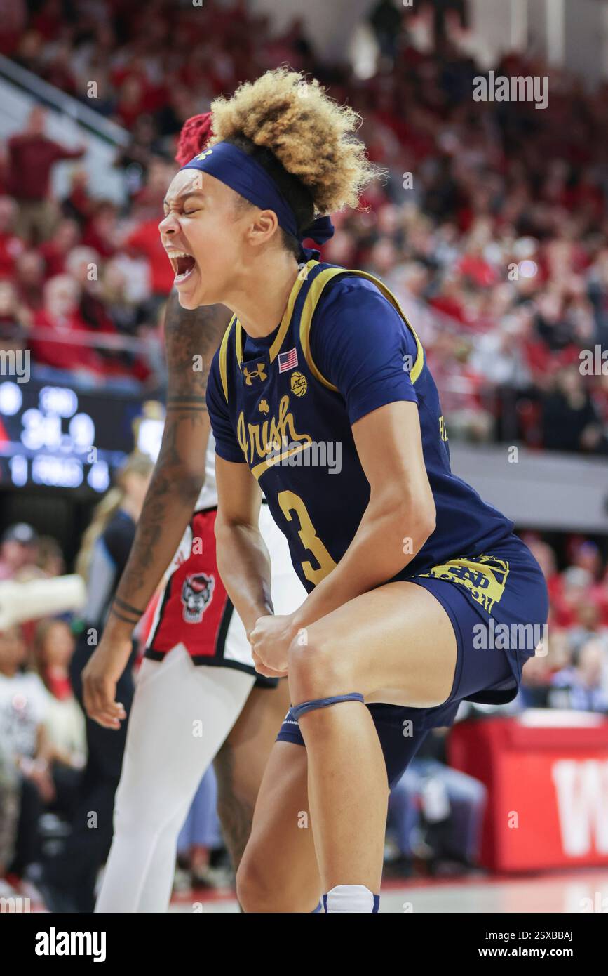 RALEIGH, NC - FEBRUARY 23: Notre Dame Fighting Irish guard Hannah Hidalgo (3) reacts to a play ...