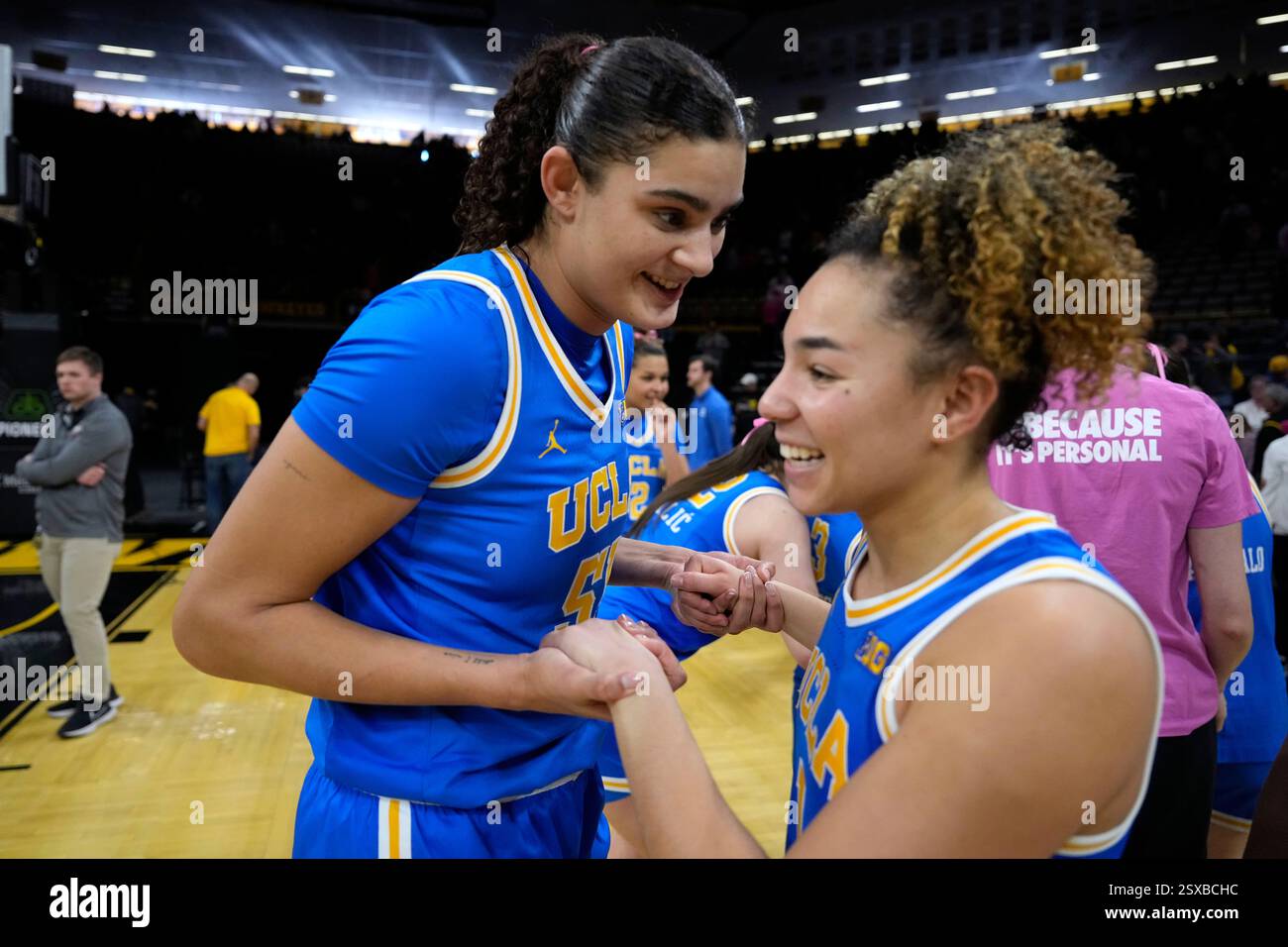 UCLA center Lauren Betts, left, celebrates with teammate guard Kiki ...
