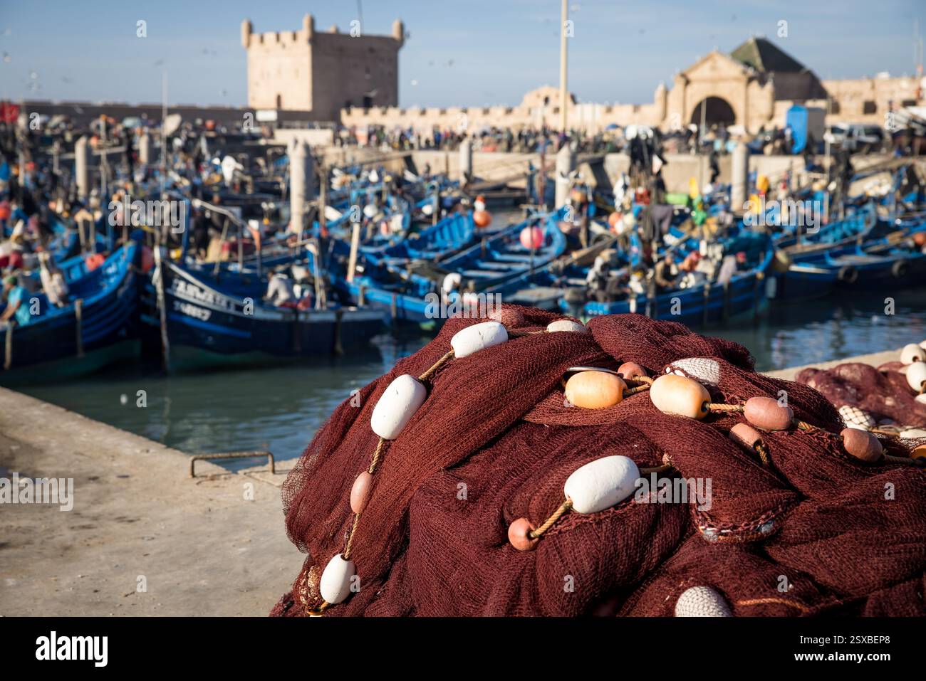 Fisherman port of Essaouira, Morocco, with typical blue boats Stock ...