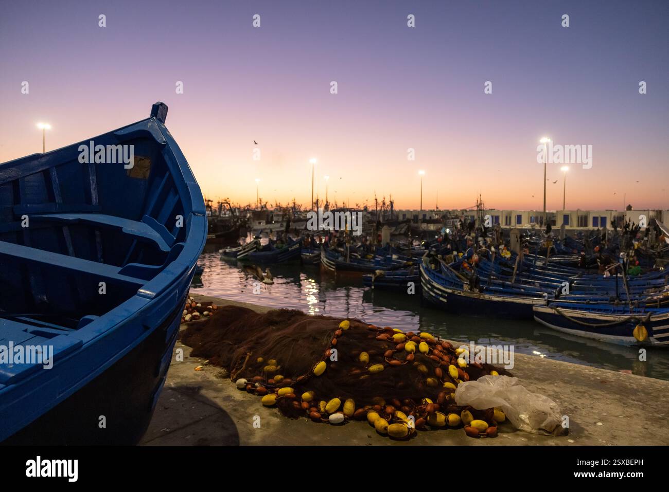 Fisherman port of Essaouira, Morocco, with typical blue boats Stock ...