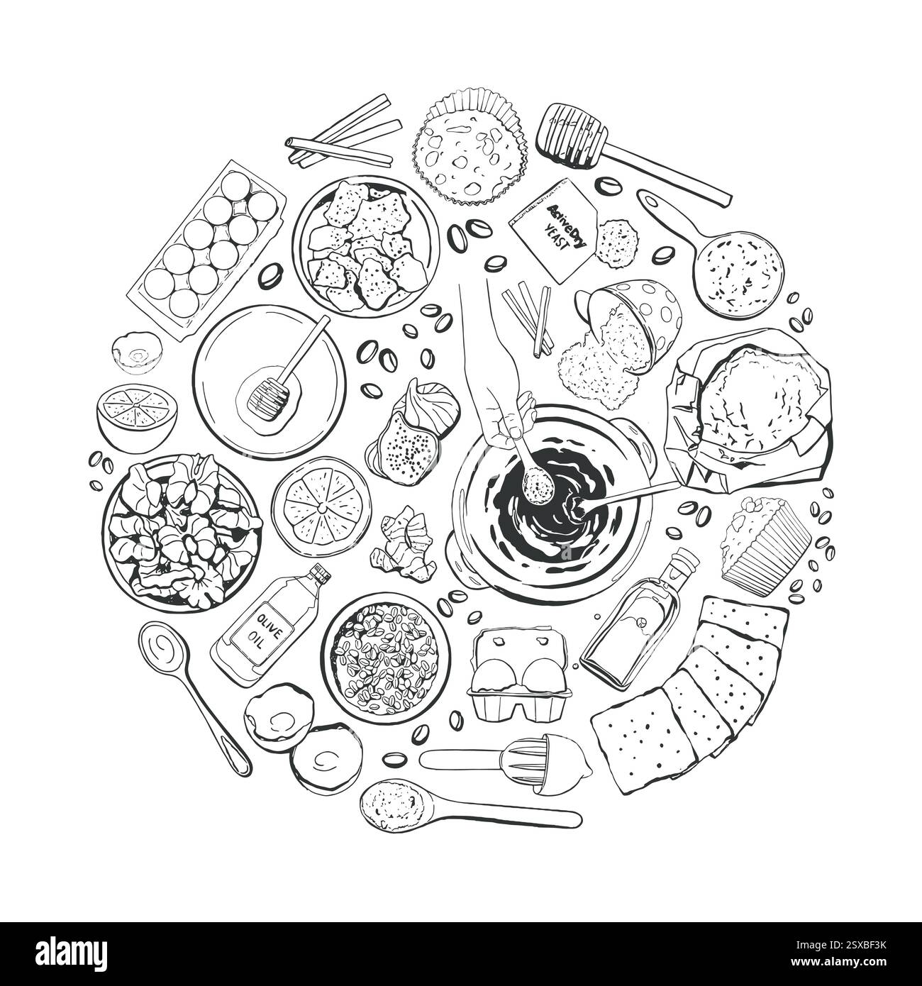 Hand drawn food ingredients round design for baking classes, bakery ...