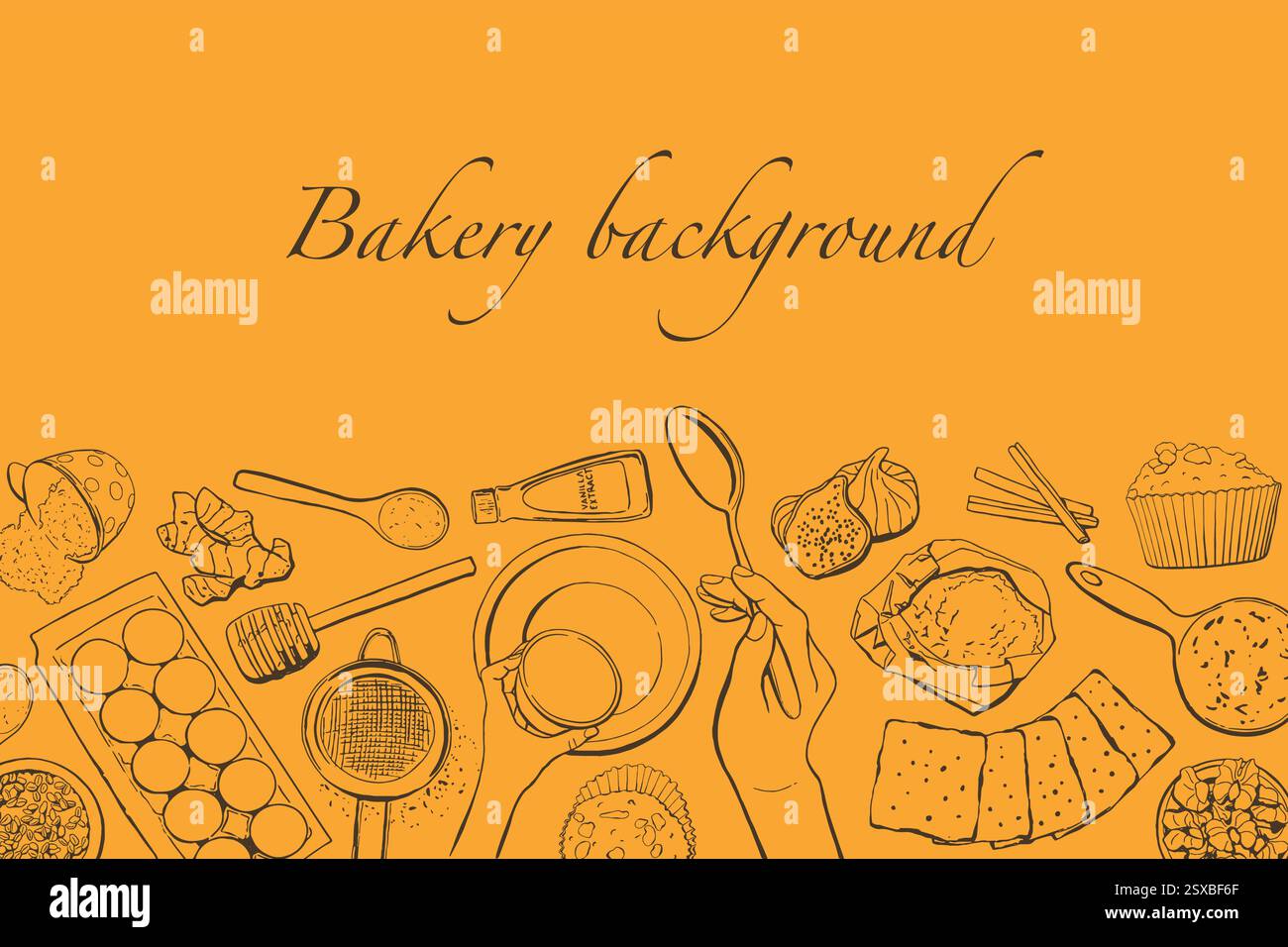 Hand drawn bakery background with food ingredients for cooking classes ...