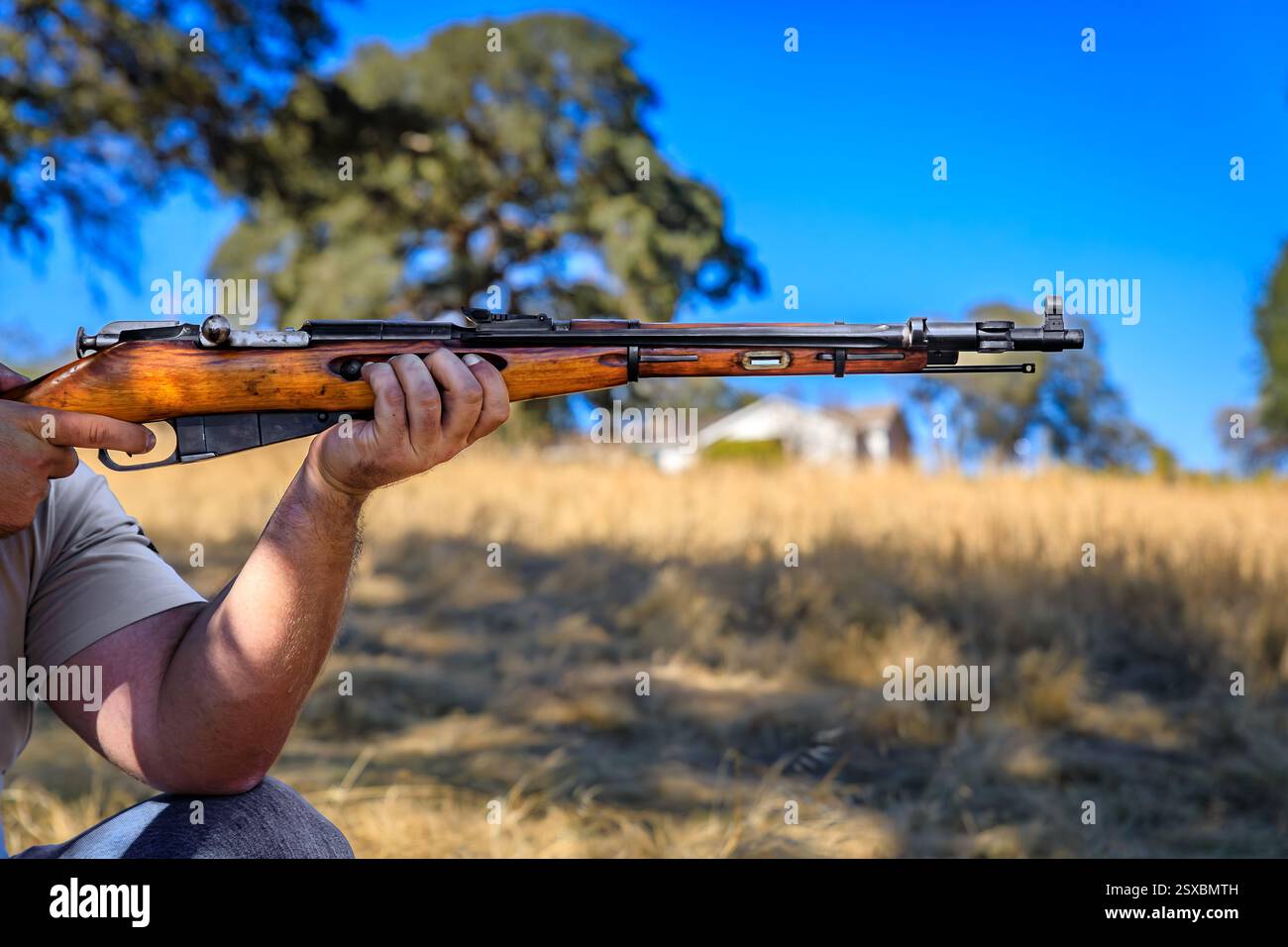 Male arm holding an old Mosin Nagant rifle, aiming for a long shot at ...