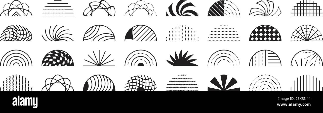 Black line monochrome semicircle set for y2k designs, vector abstract radial forms Stock Vector ...