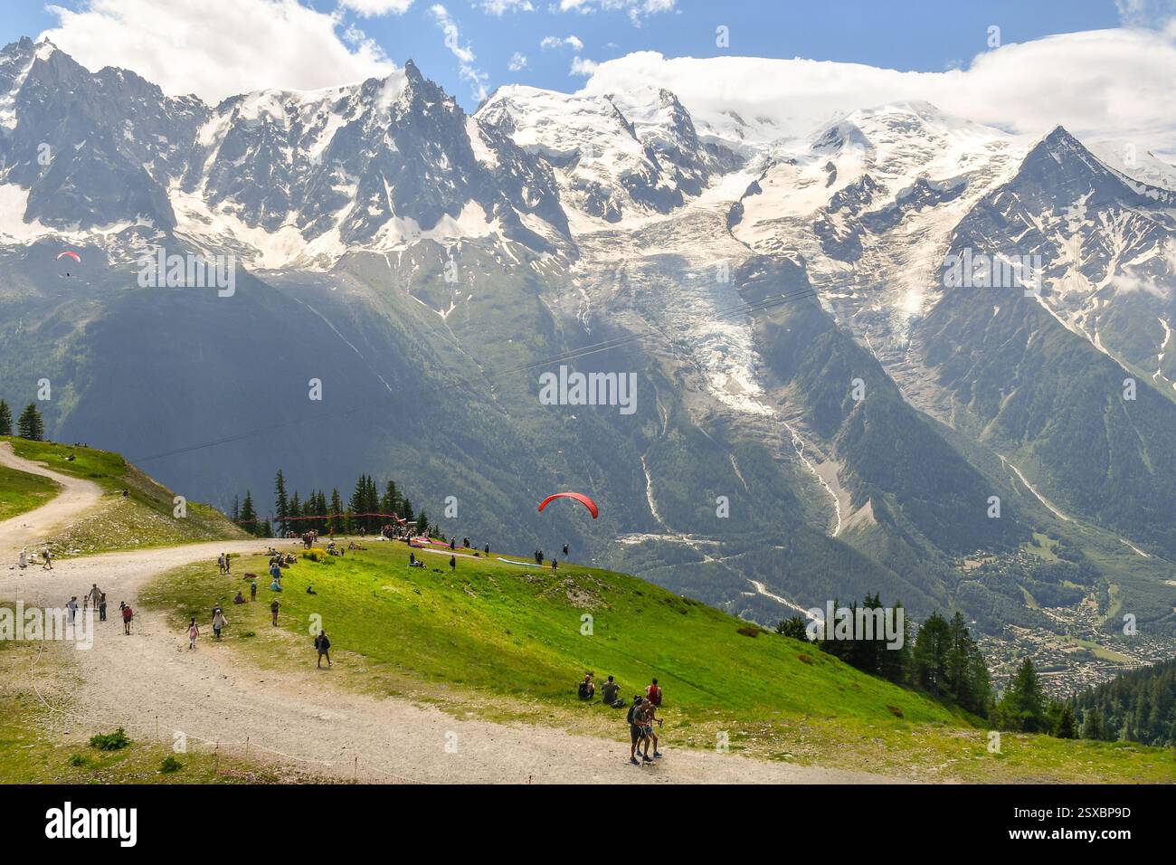 Elevated view of the Planpraz plateau (2000 m) in the Aiguilles Rouges ...