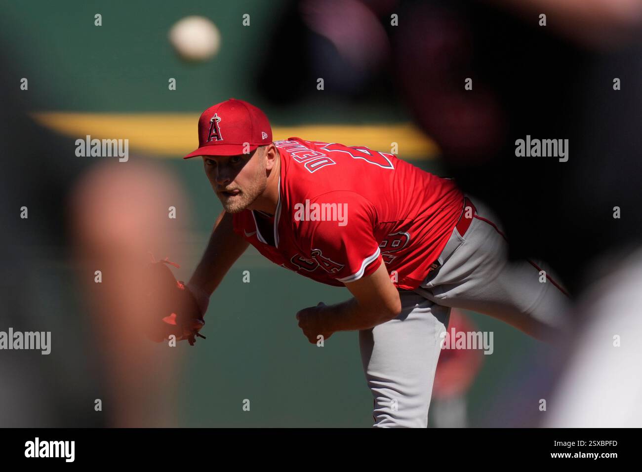 Los Angeles Angels pitcher Reid Detmers throws in the first inning of a ...