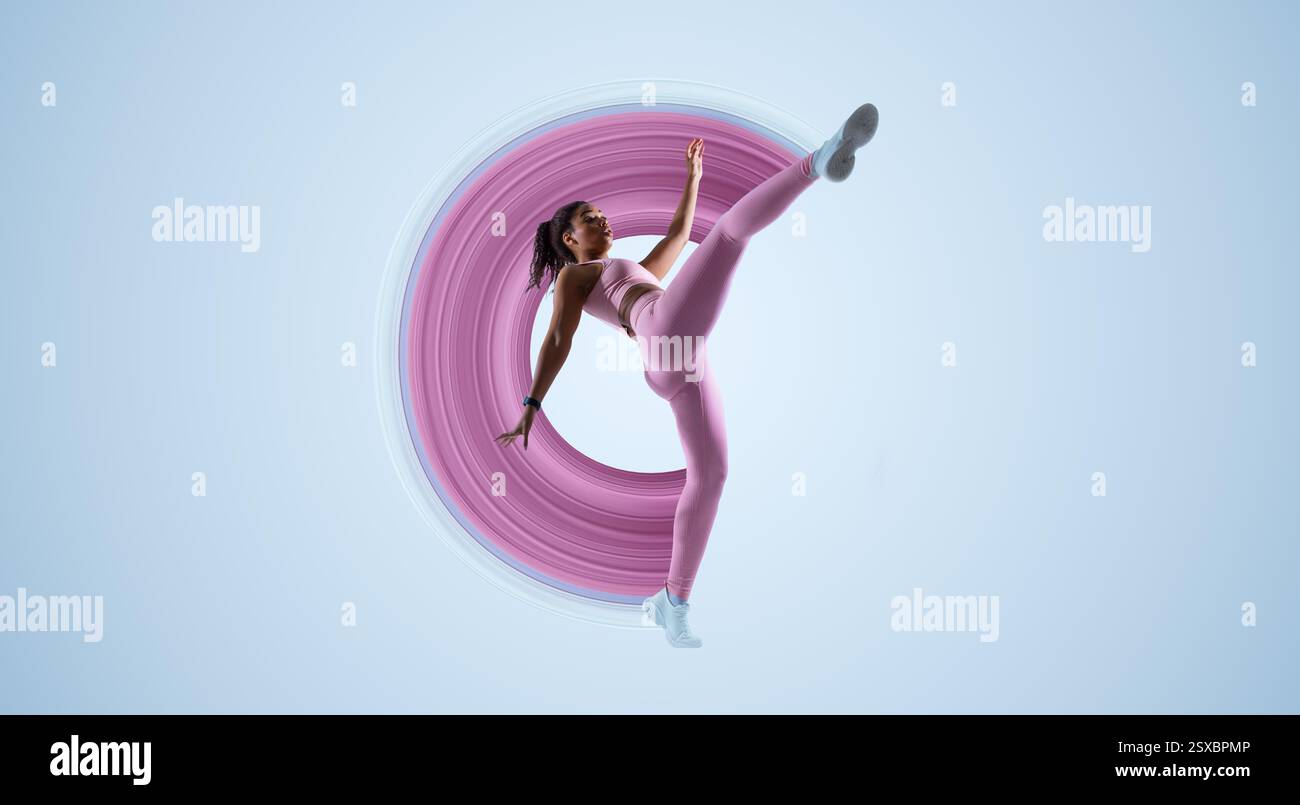 Fit lady raising leg and showing perfect stretching, doing karate side ...