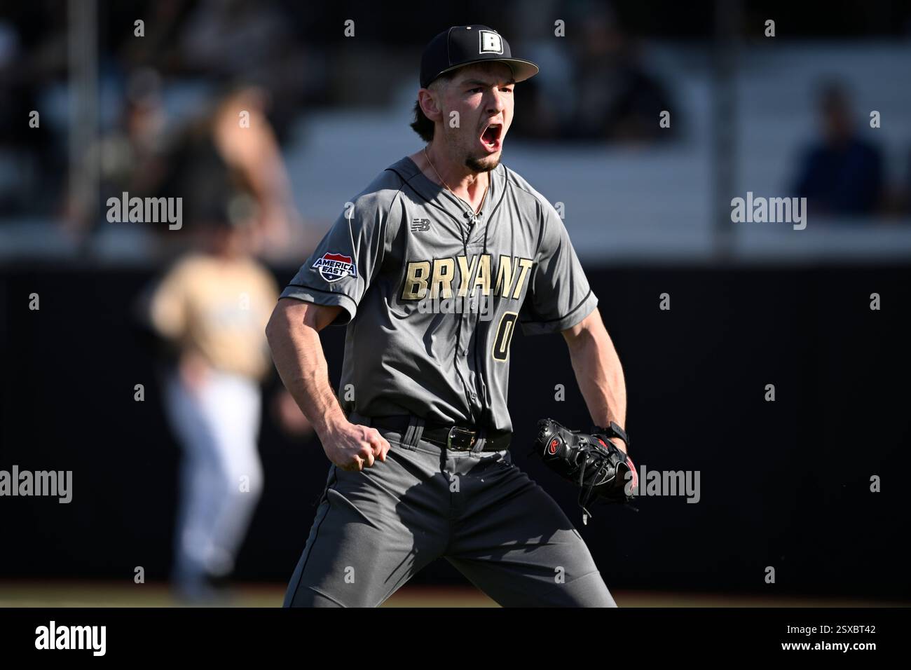 Bryant reliever Liam Chamberlain (0) celebrates after getting the final ...