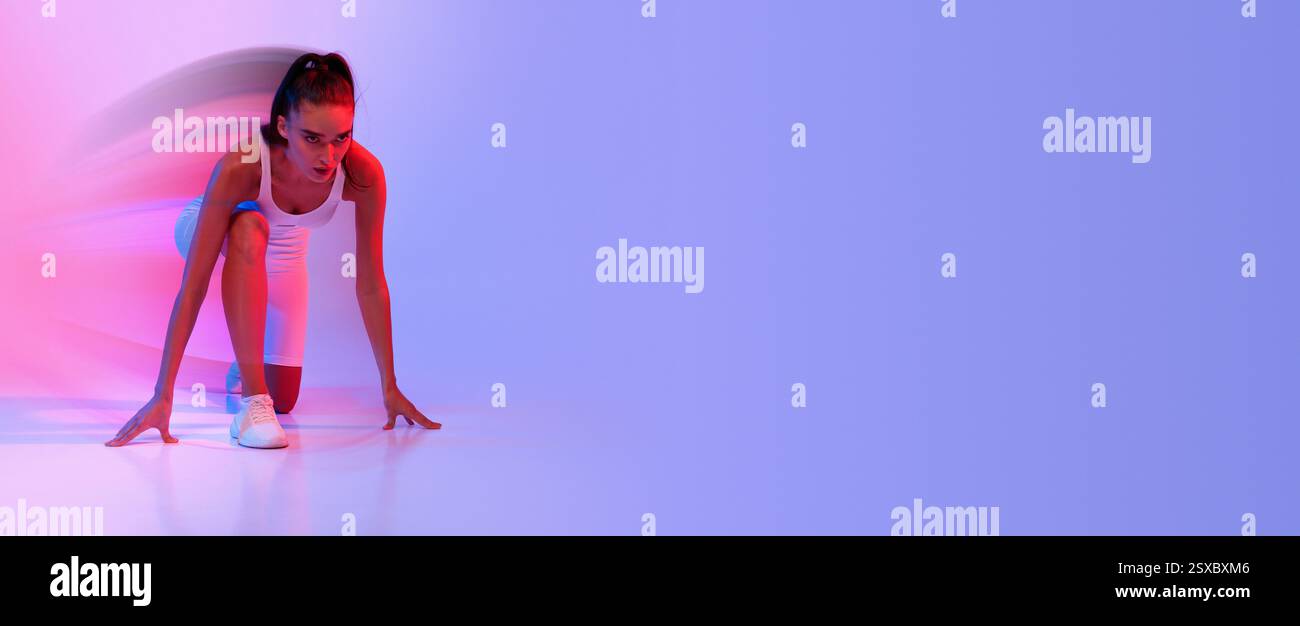 Athletic Lady Doing Crouch Start Ready For Race, Neon Background Stock ...