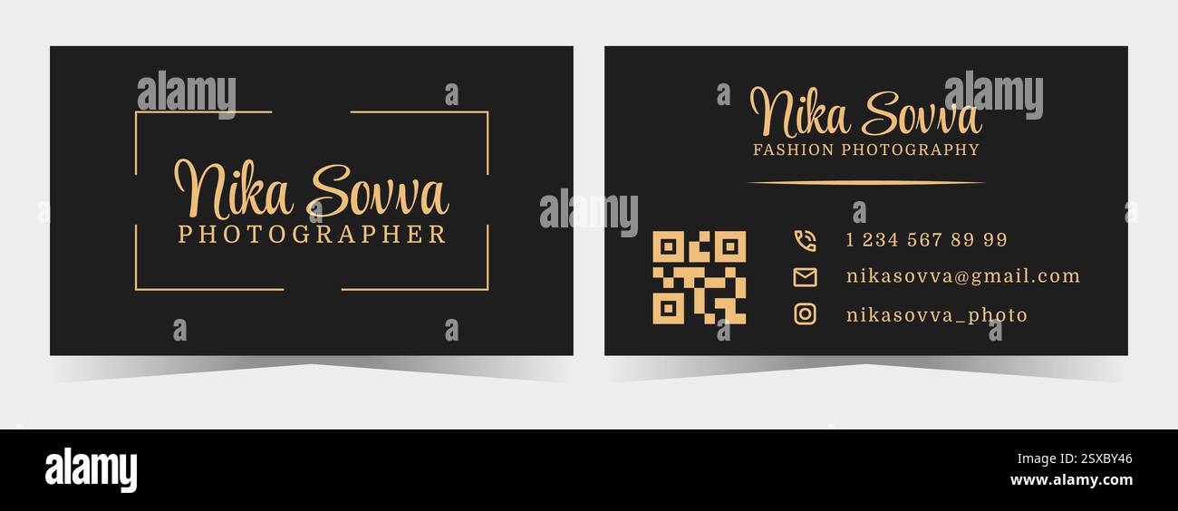 Business card template layout for a photographer. Golden text on black ...