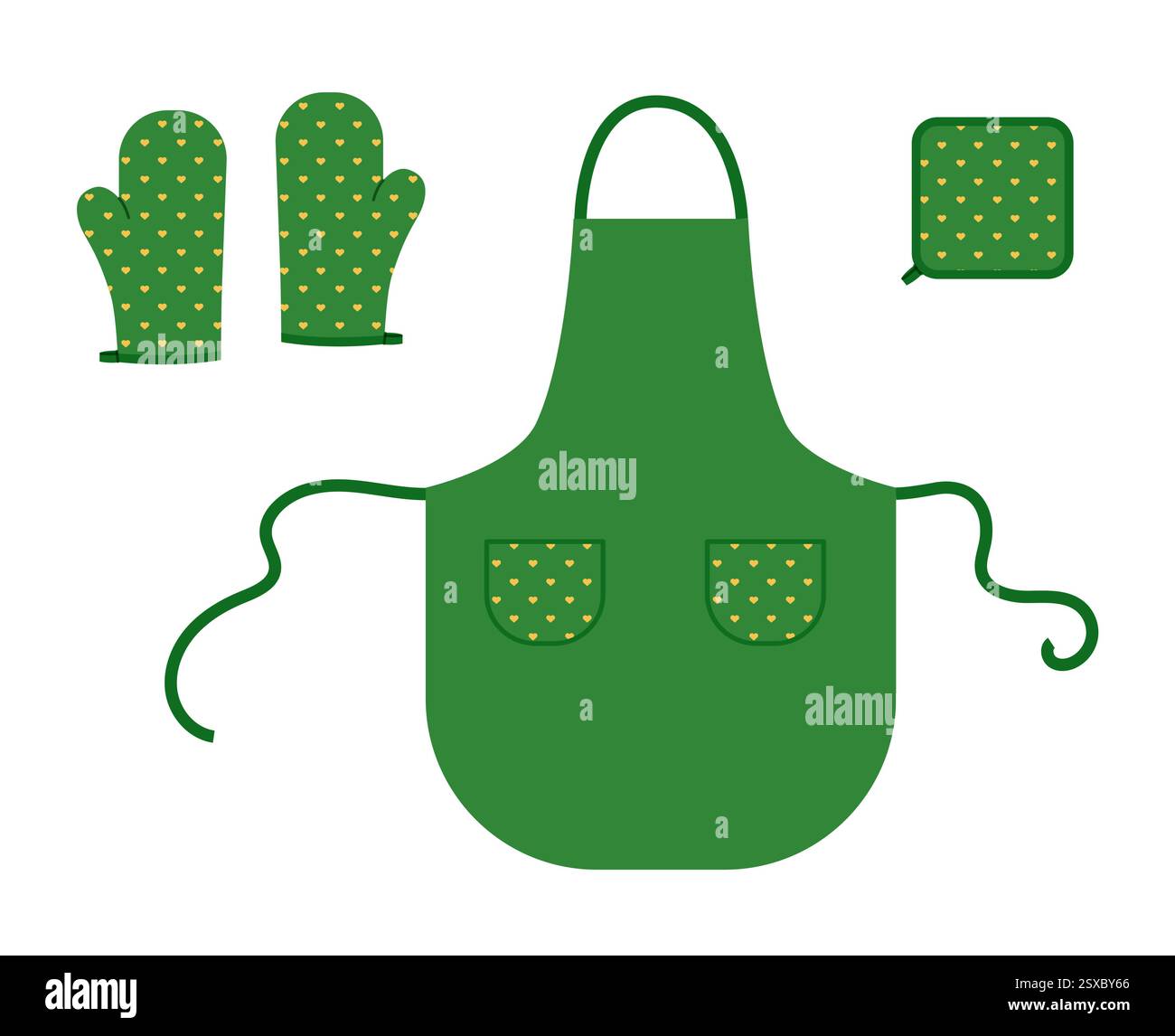 Set of Aprons, Oven Gloves and potholder green cartoon heart pattern ...