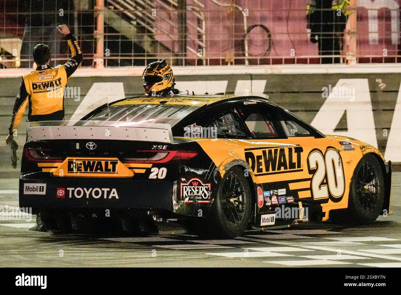 Christopher Bell (20) celebrates his victory after a NASCAR Cup Series ...