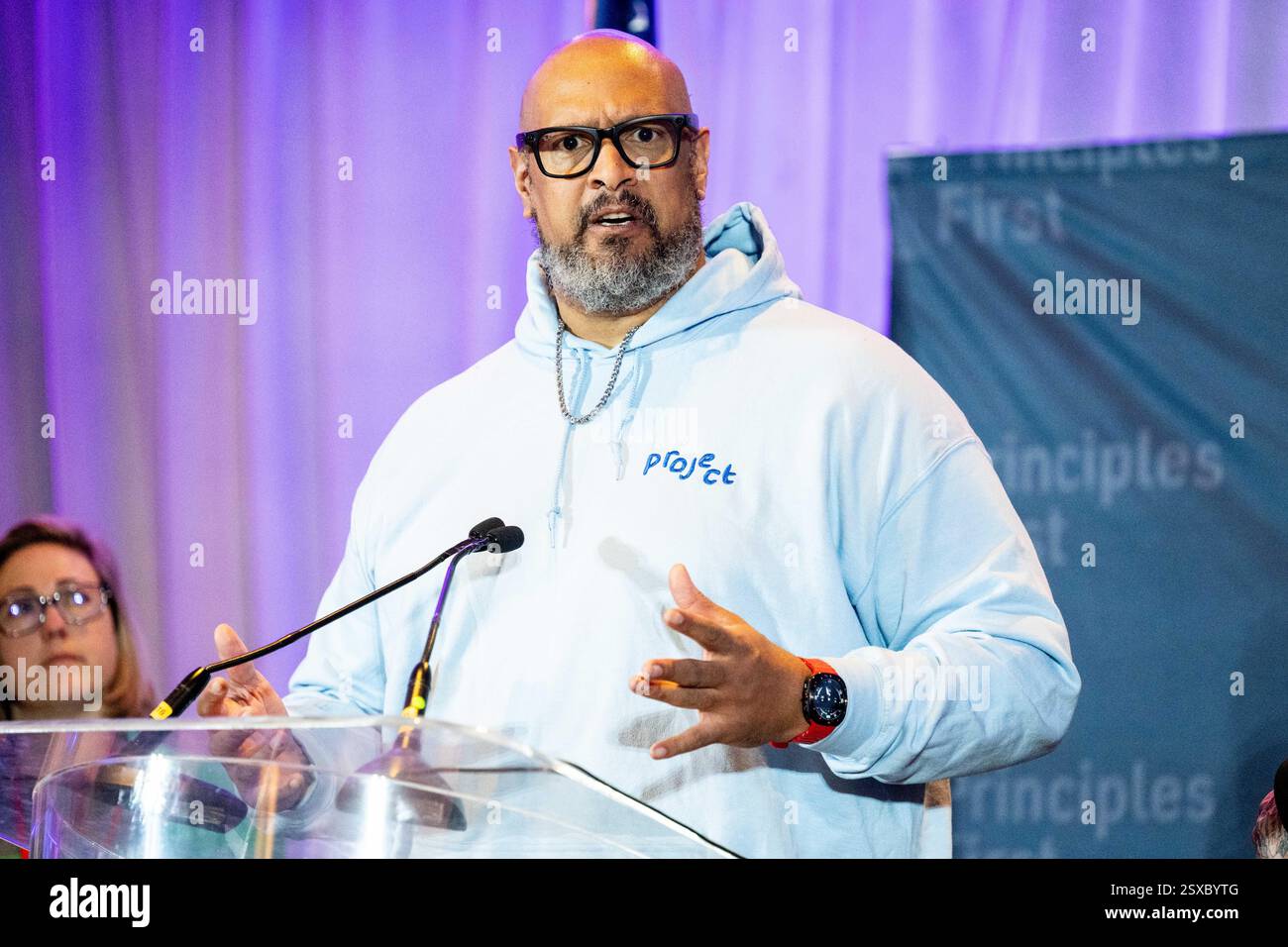 Harry Dunn, former Capitol Police Officer, speaking at the Principles ...