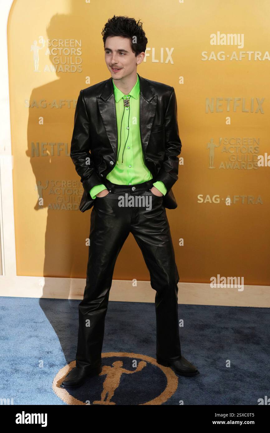 Timothee Chalamet arrives at the 31st annual Screen Actors Guild Awards on Sunday, Feb. 23, 2025 ...
