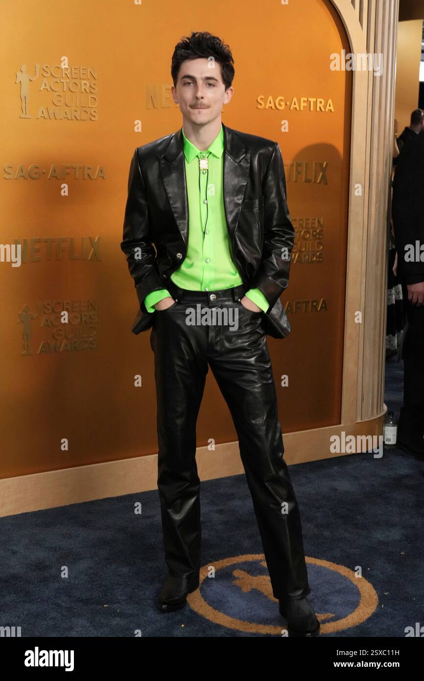 Timothee Chalamet arrives at the 31st annual Screen Actors Guild Awards on Sunday, Feb. 23, 2025 ...