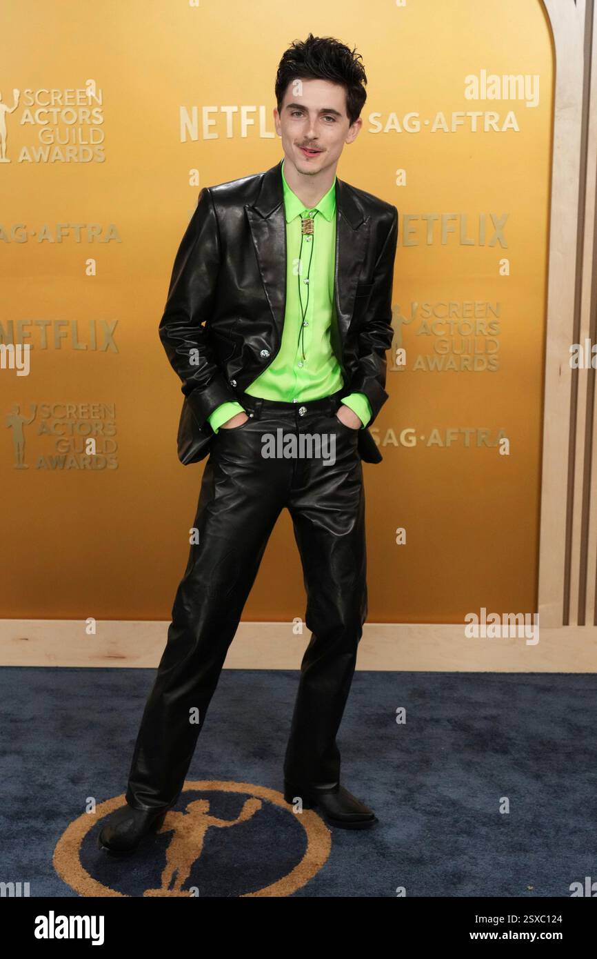 Timothee Chalamet arrives at the 31st annual Screen Actors Guild Awards on Sunday, Feb. 23, 2025 ...