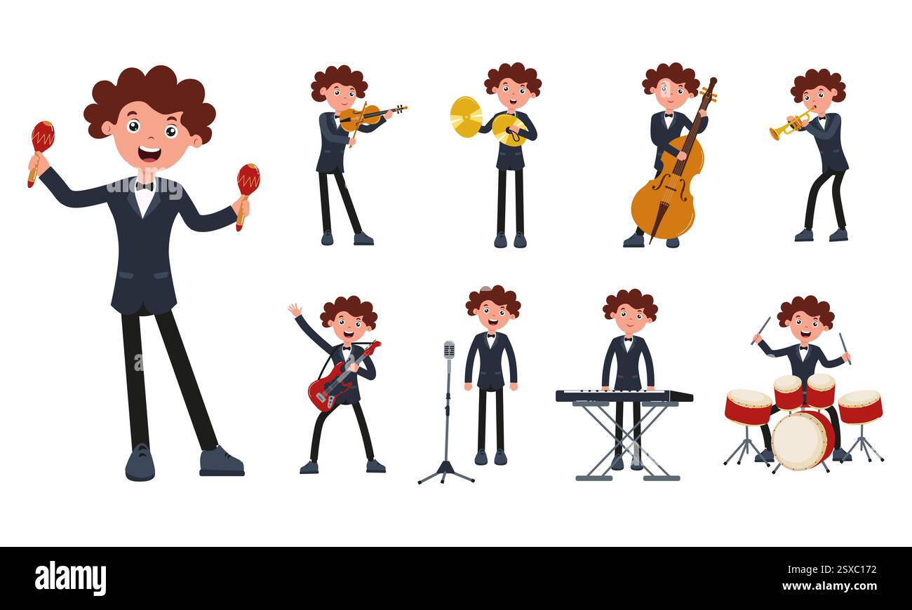 Young musician performing various instruments in a vibrant cartoon ...
