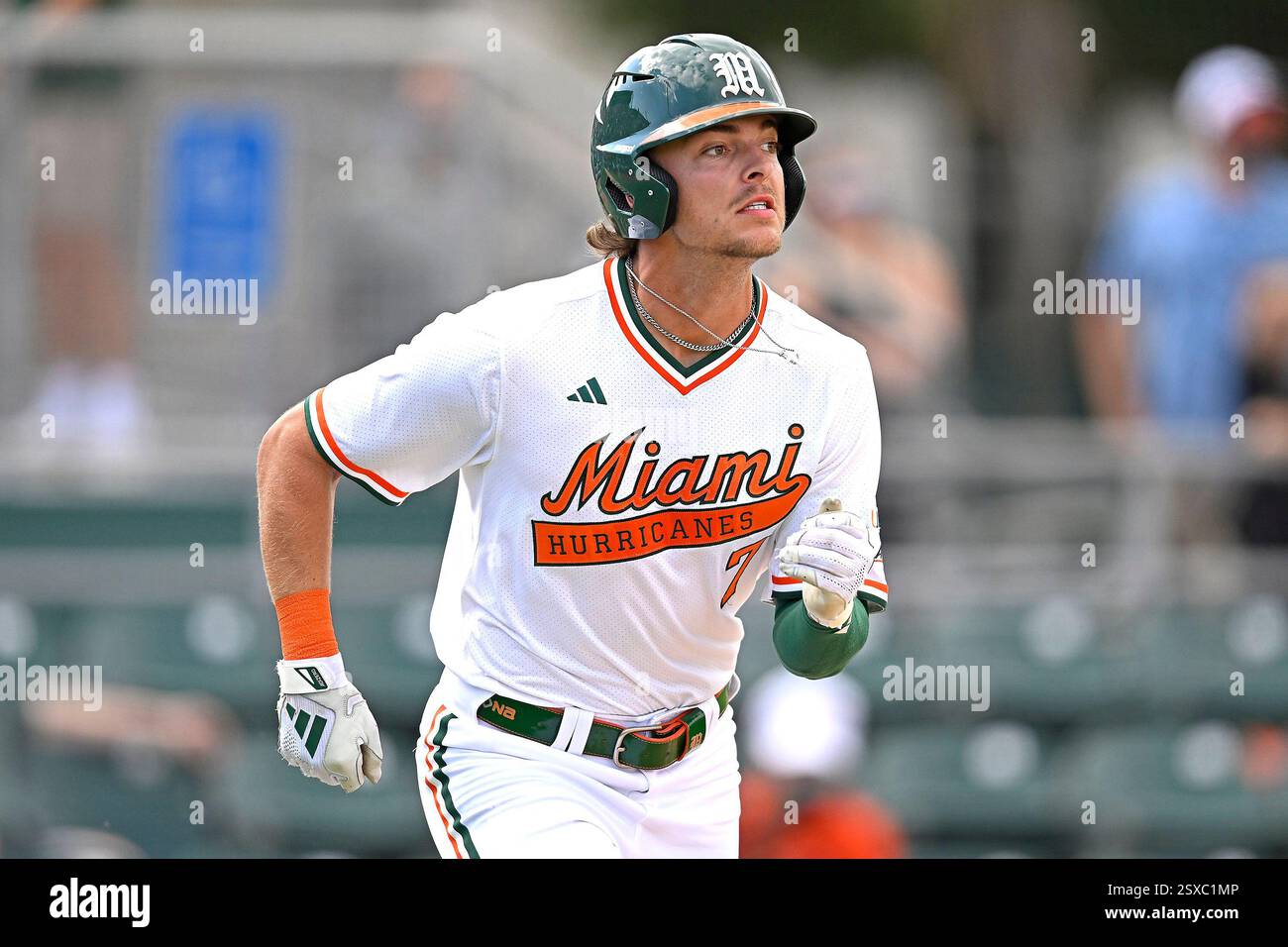 CORAL GABLES, FL - FEBRUARY 23: Miami outfielder Max Galvin (7) runs to ...