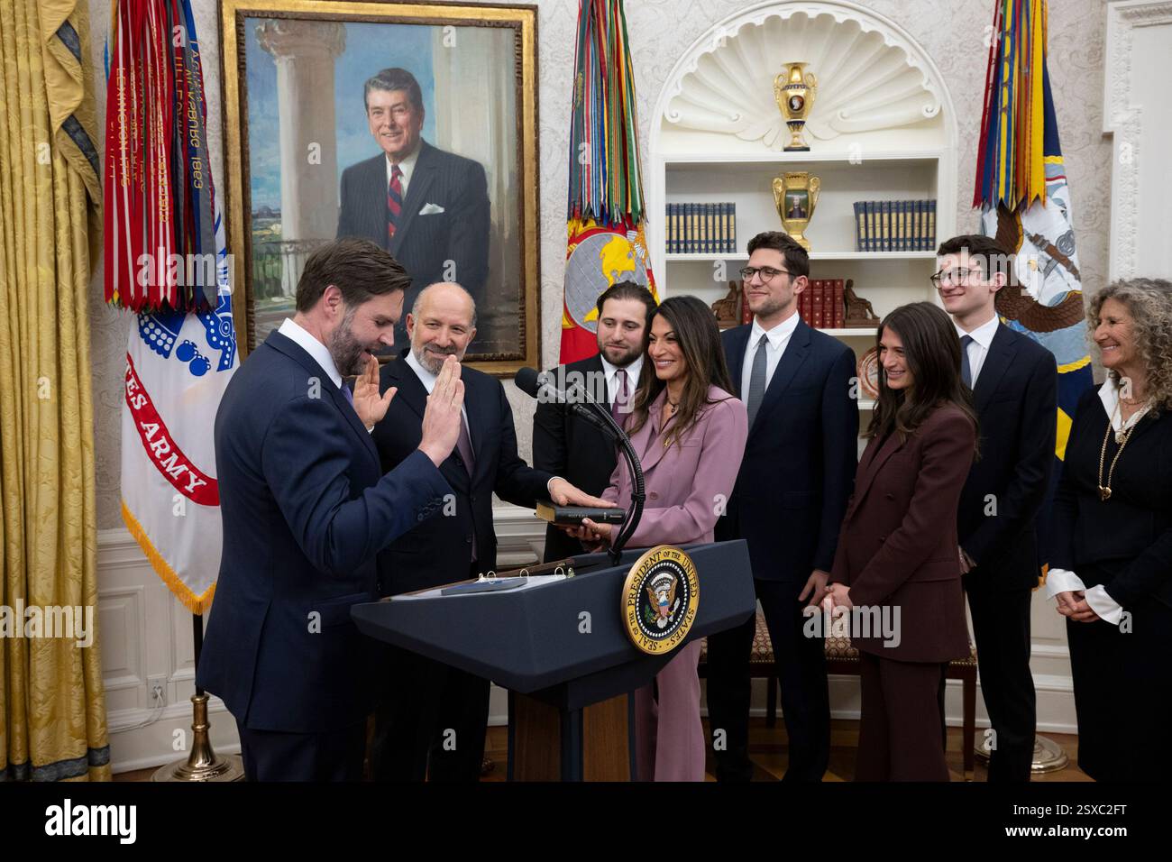 President Donald Trump makes remarks at the swearing-in of Commerce ...