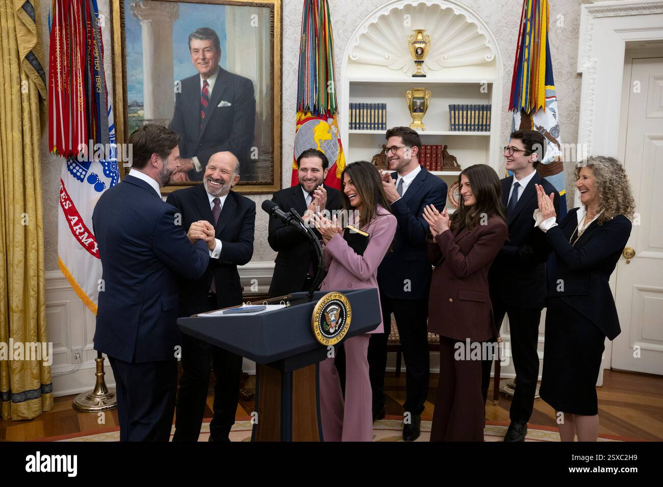 President Donald Trump makes remarks at the swearing-in of Commerce ...