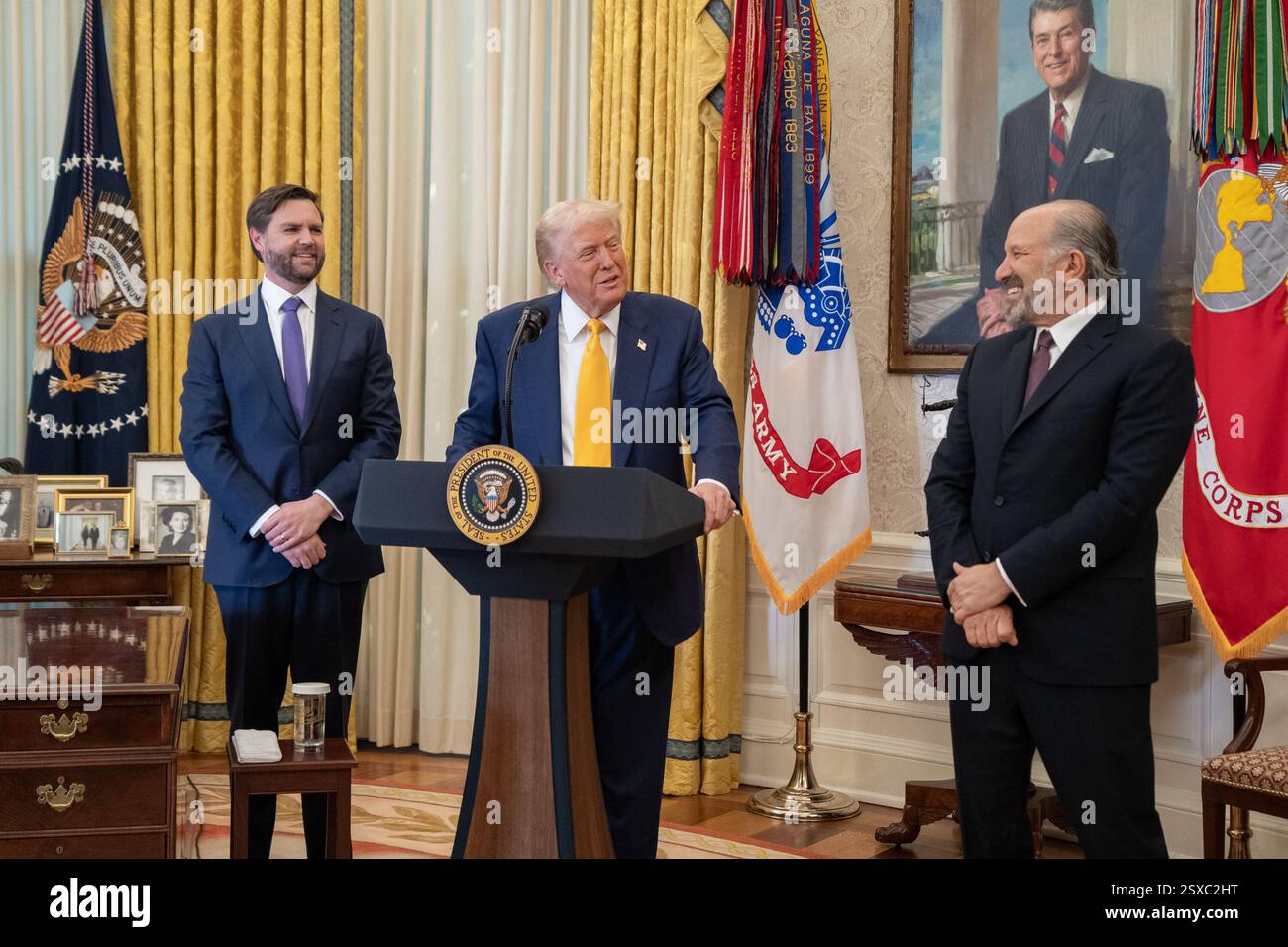 President Donald Trump makes remarks at the swearing-in of Commerce ...