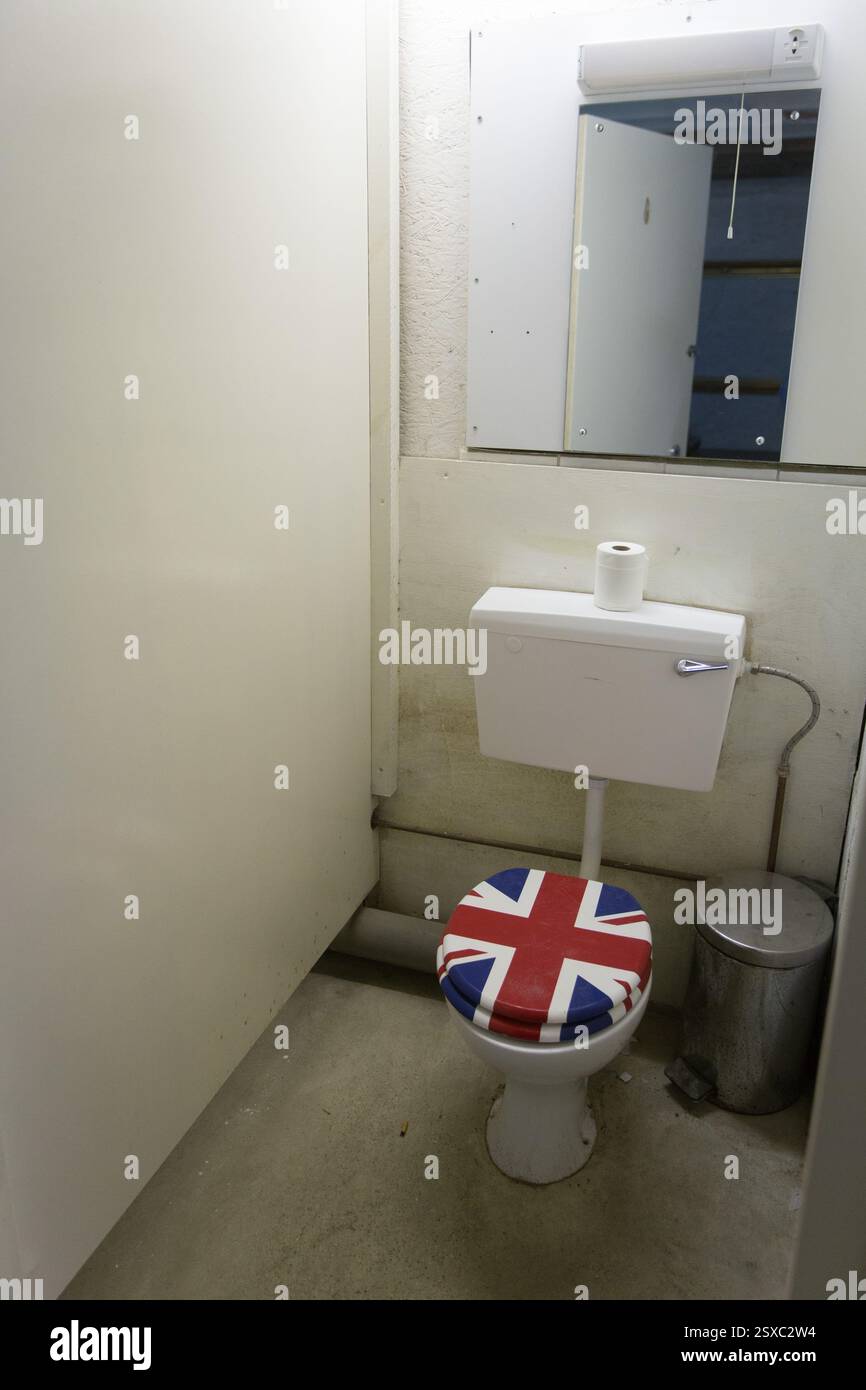 Public restroom in a UK building. Toilet with Union Jack seat, likely ...
