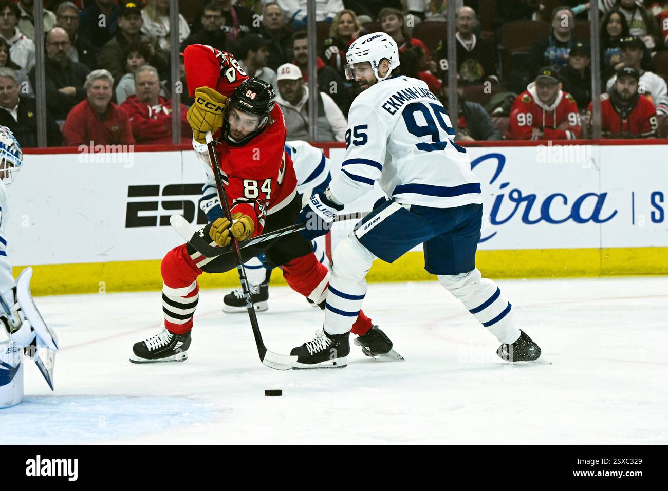 Chicago Blackhawks left wing Landon Slaggert (84) moves the puck ...