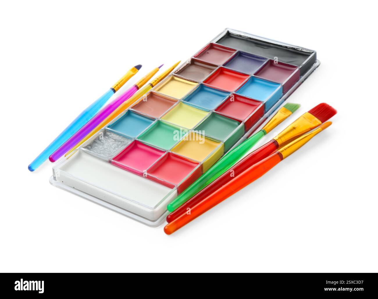 Bright face paint palette and brushes isolated on white Stock Photo - Alamy