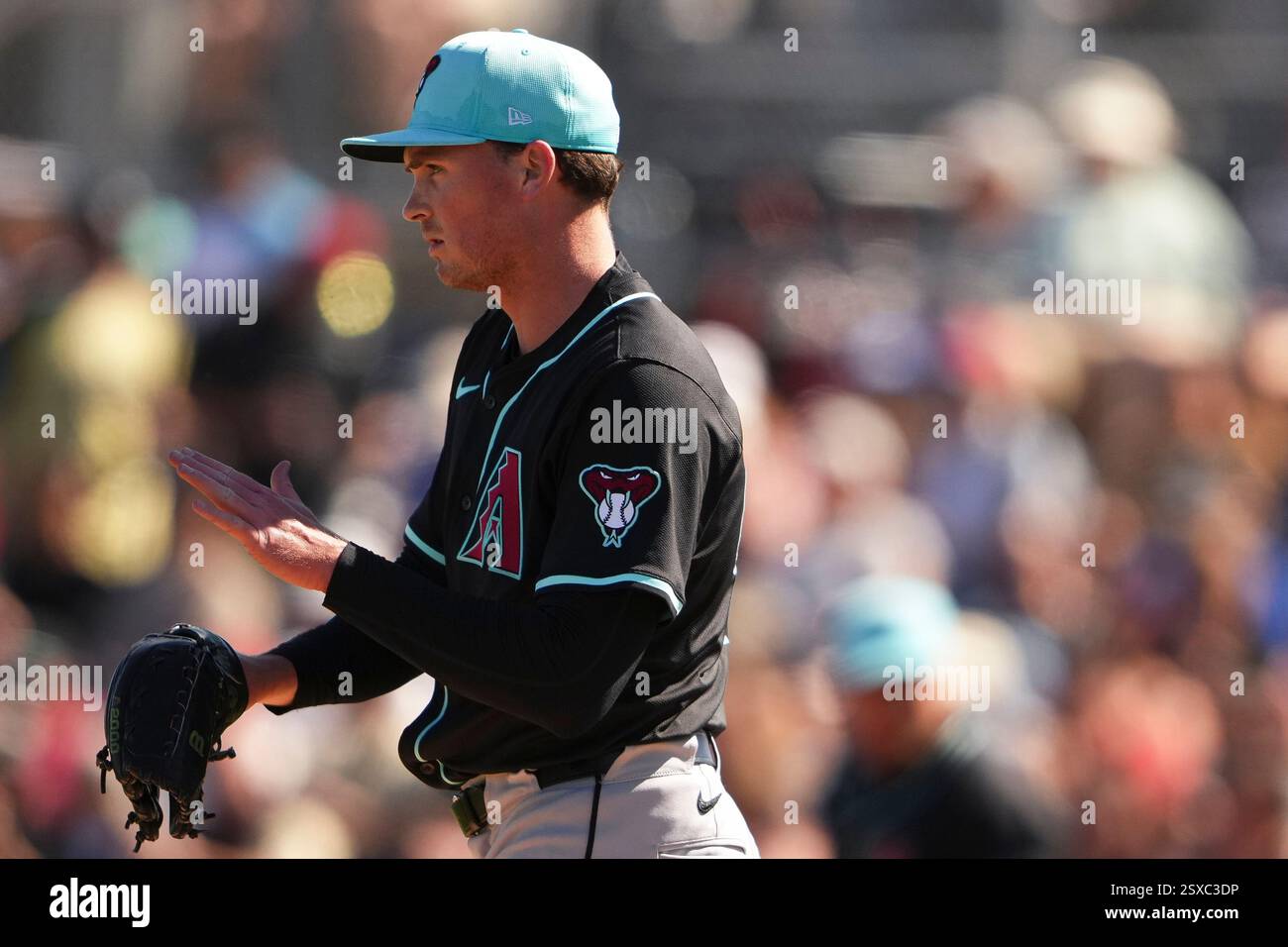Arizona Diamondbacks starting pitcher Tommy Henry reacts after a double ...